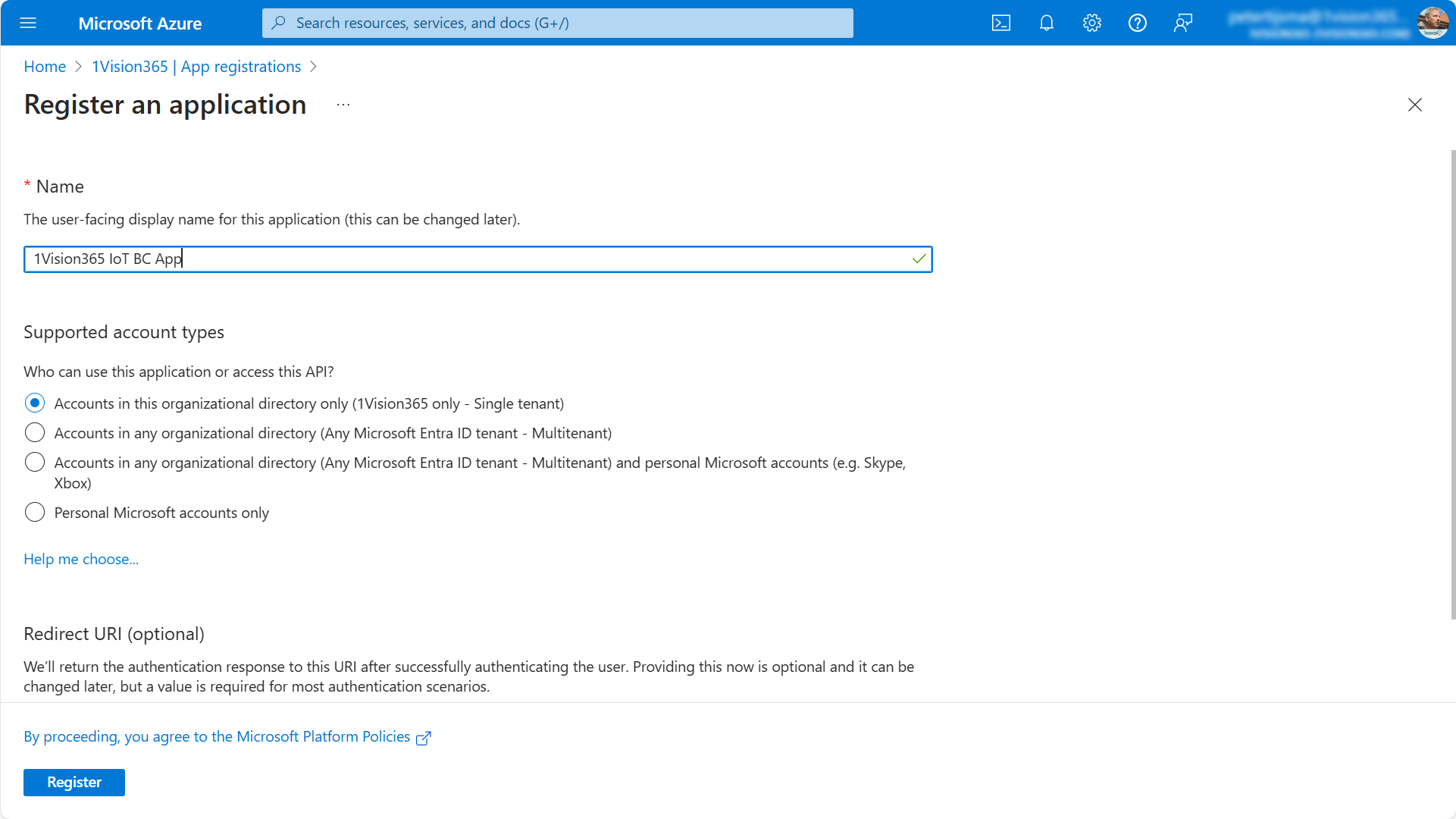 CREATE AZURE APP REGISTRATION – 1Vision365